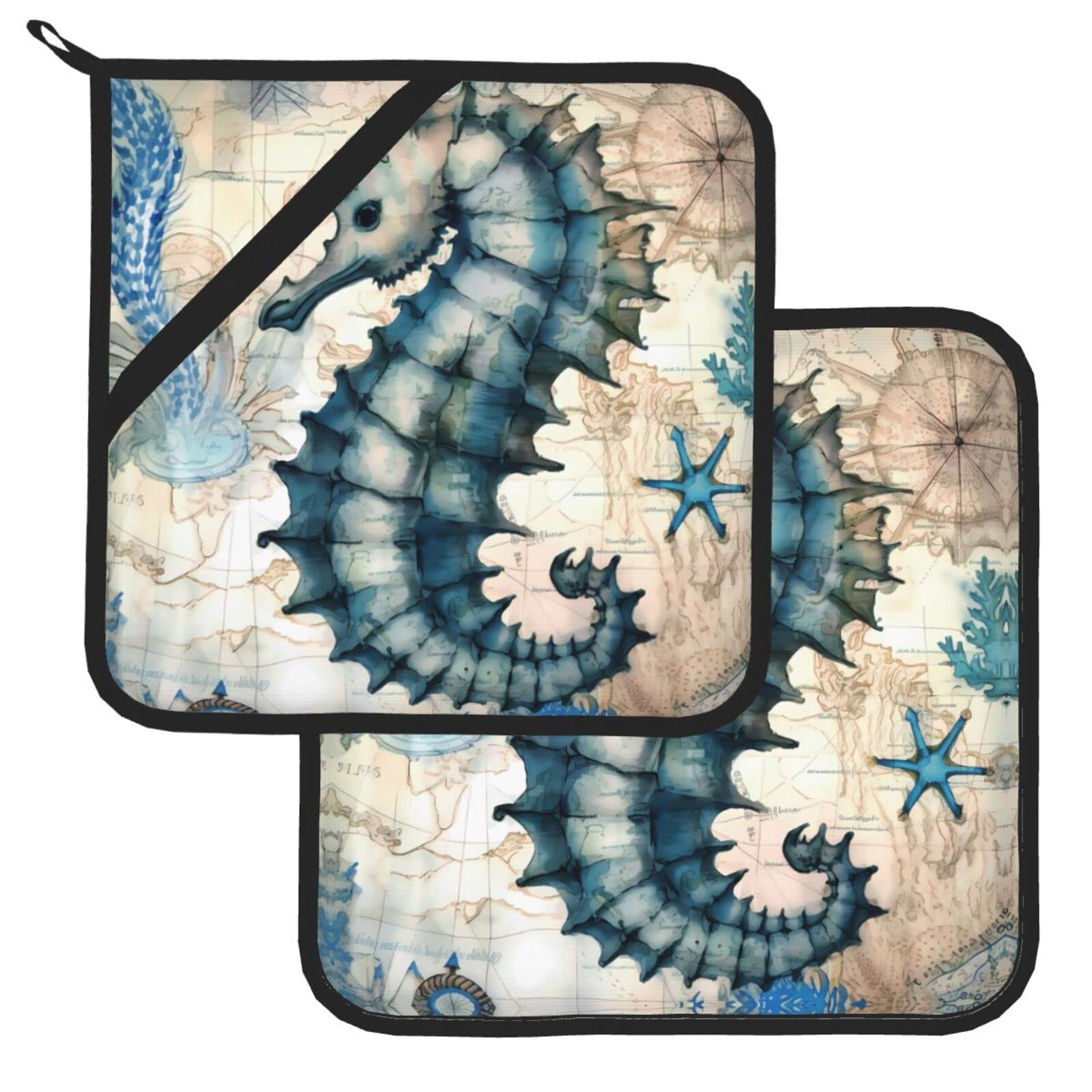 Pot Holders Set of 2, Ocean World Sea Animals Seahorse Heat Resistant Kitchen Non Slip Printed Cooking Barbecue Baking Microwave