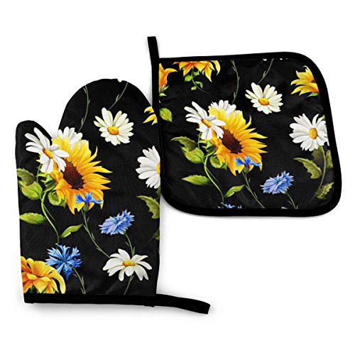 Sunflowers Chamomile Cornflowers Oven Mitt 11'' X 6.2'' and Pot Holder 8'' X 8'' Kitchen Gift Sets Heat Resistant Reusable Kitchen Oven Mitts and Pot Holders for Baking BBQ Cooking