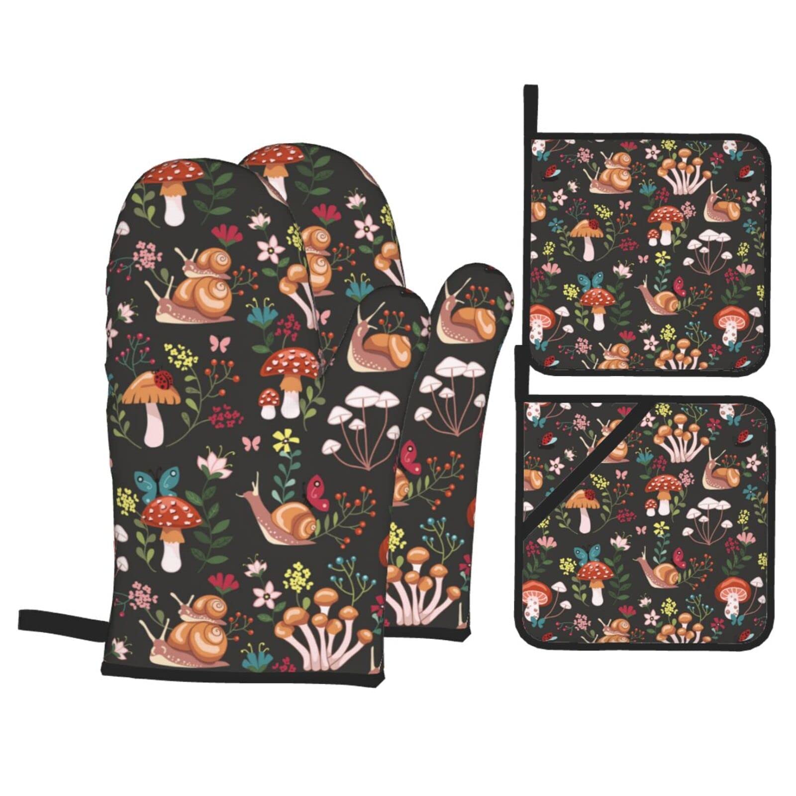 Mushrooms, Snails, Butterflies, Ladybugs Oven Mitts and Pot Holders Sets of 4 Heat Resistant Thick Non-Slip Oven Mitts, Oven Gloves Pot Holders Set for Cooking, Baking Grilling and BBQ