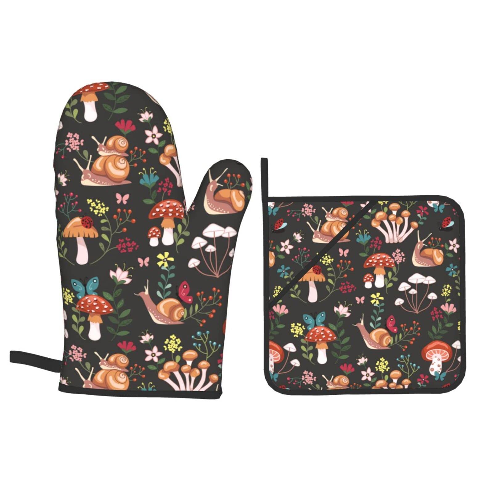 Mushrooms, Snails, Butterflies, Ladybugs Oven Mitts and Pot Holders Sets of 4 Heat Resistant Thick Non-Slip Oven Mitts, Oven Gloves Pot Holders Set for Cooking, Baking Grilling and BBQ