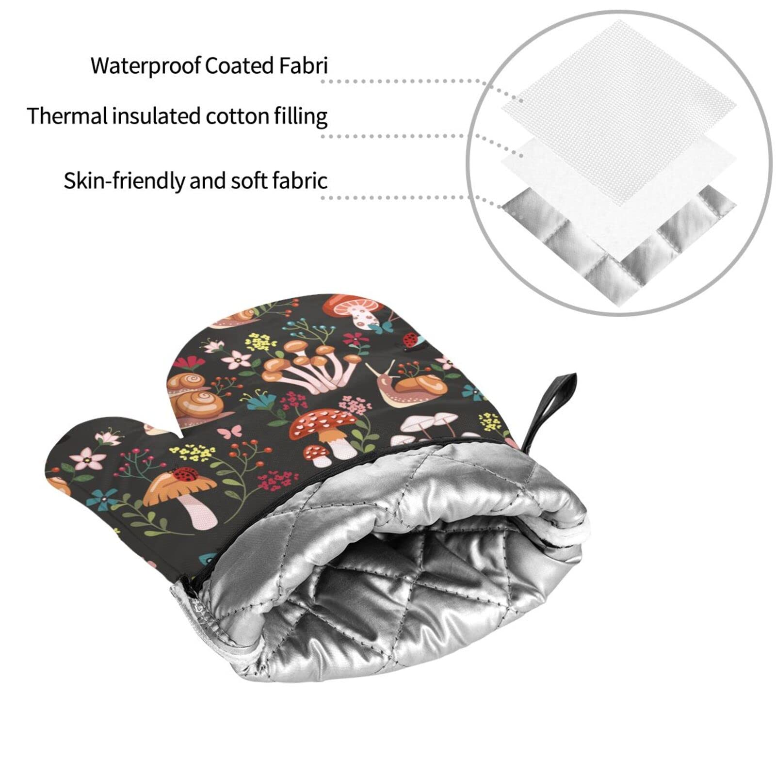 Mushrooms, Snails, Butterflies, Ladybugs Oven Mitts and Pot Holders Sets of 4 Heat Resistant Thick Non-Slip Oven Mitts, Oven Gloves Pot Holders Set for Cooking, Baking Grilling and BBQ