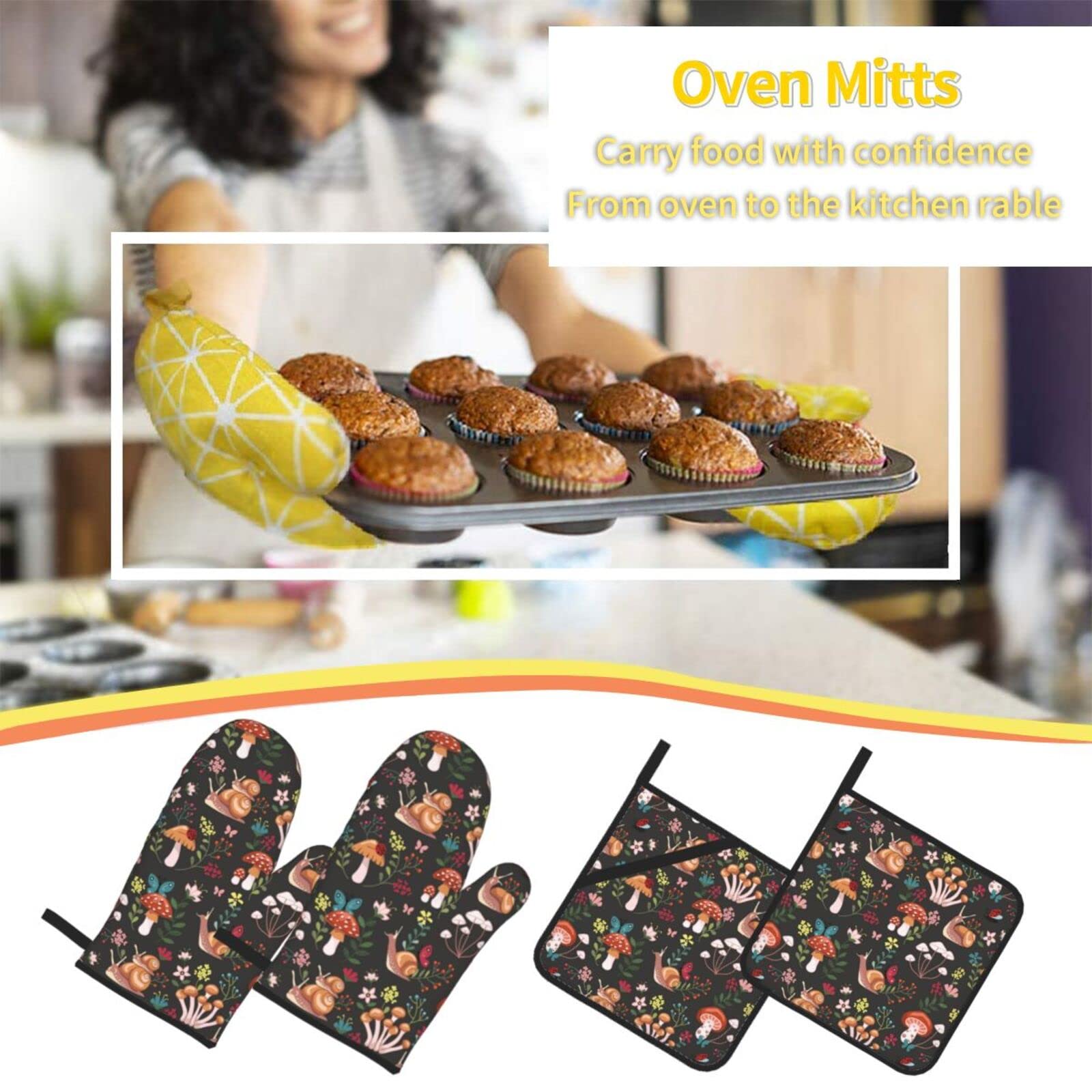 Mushrooms, Snails, Butterflies, Ladybugs Oven Mitts and Pot Holders Sets of 4 Heat Resistant Thick Non-Slip Oven Mitts, Oven Gloves Pot Holders Set for Cooking, Baking Grilling and BBQ