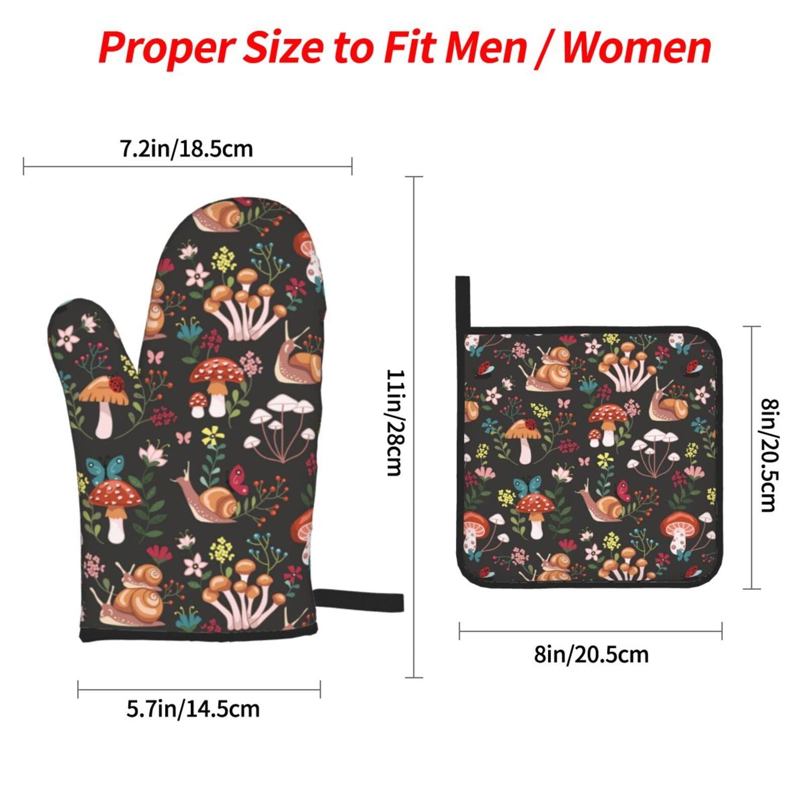 Mushrooms, Snails, Butterflies, Ladybugs Oven Mitts and Pot Holders Sets of 4 Heat Resistant Thick Non-Slip Oven Mitts, Oven Gloves Pot Holders Set for Cooking, Baking Grilling and BBQ