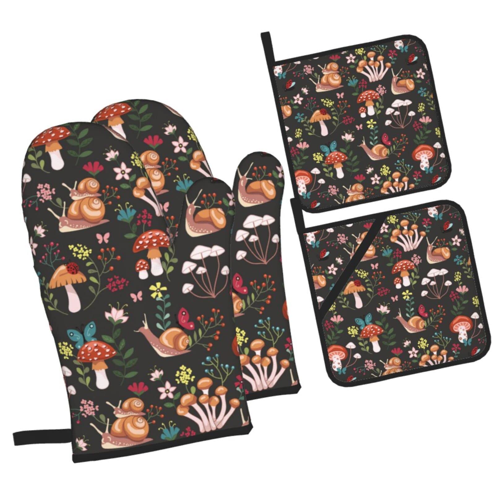 Mushrooms, Snails, Butterflies, Ladybugs Oven Mitts and Pot Holders Sets of 4 Heat Resistant Thick Non-Slip Oven Mitts, Oven Gloves Pot Holders Set for Cooking, Baking Grilling and BBQ