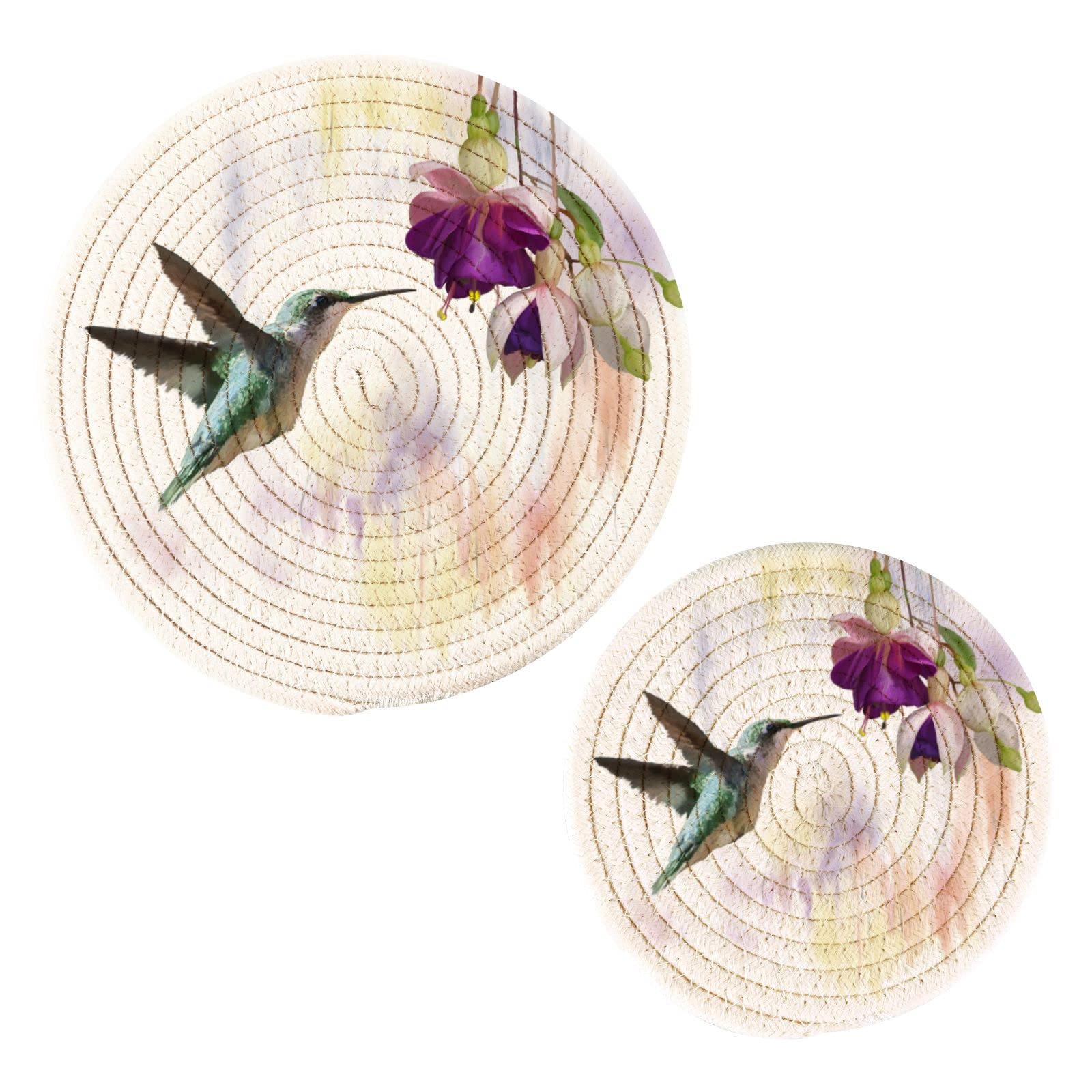 YYZZH Hummingbird Purple Flower Digital Painting Bird Floral Pattern Pot Holders Trivets Set of 2 Round Cotton Thread Weave Potholders for Kitchens Hot Pads Table Mats Coasters for Hot Dishes