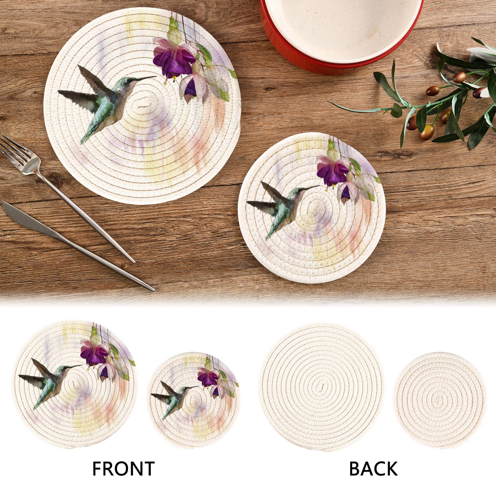 YYZZH Hummingbird Purple Flower Digital Painting Bird Floral Pattern Pot Holders Trivets Set of 2 Round Cotton Thread Weave Potholders for Kitchens Hot Pads Table Mats Coasters for Hot Dishes