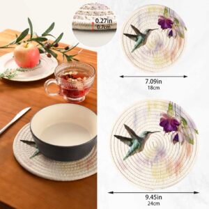 YYZZH Hummingbird Purple Flower Digital Painting Bird Floral Pattern Pot Holders Trivets Set of 2 Round Cotton Thread Weave Potholders for Kitchens Hot Pads Table Mats Coasters for Hot Dishes