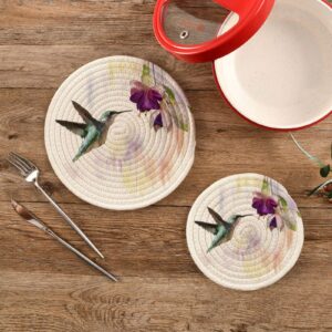 YYZZH Hummingbird Purple Flower Digital Painting Bird Floral Pattern Pot Holders Trivets Set of 2 Round Cotton Thread Weave Potholders for Kitchens Hot Pads Table Mats Coasters for Hot Dishes