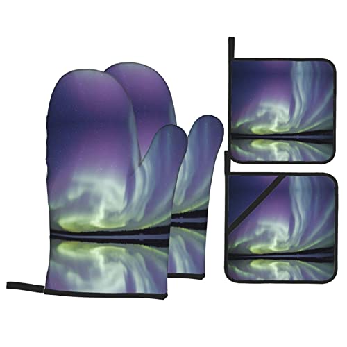 Aurora Printed Oven Mitts and Pot Holders Sets (4-Piece Set) with Durable Heat Resistant for Baking Cooking