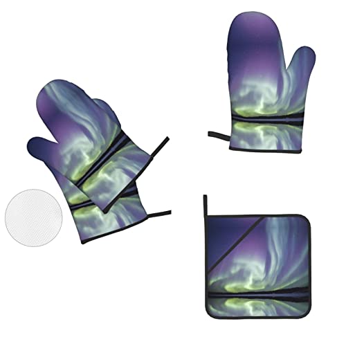 Aurora Printed Oven Mitts and Pot Holders Sets (4-Piece Set) with Durable Heat Resistant for Baking Cooking