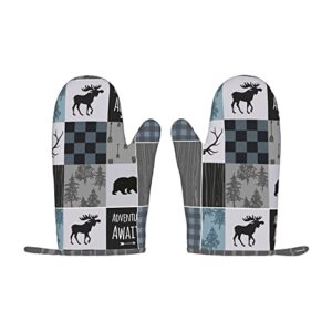 boulda oven mitts cabin moose oven mitts with non-slip silicone heat resistant oven gloves soft cotton lining waterproof pot holders for kitchen cooking baking grilling decoration