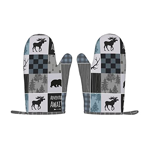 Boulda Oven Mitts Cabin Moose Oven Mitts with Non-Slip Silicone Heat Resistant Oven Gloves Soft Cotton Lining Waterproof Pot Holders for Kitchen Cooking Baking Grilling Decoration