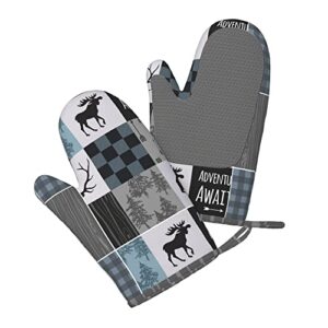 Boulda Oven Mitts Cabin Moose Oven Mitts with Non-Slip Silicone Heat Resistant Oven Gloves Soft Cotton Lining Waterproof Pot Holders for Kitchen Cooking Baking Grilling Decoration