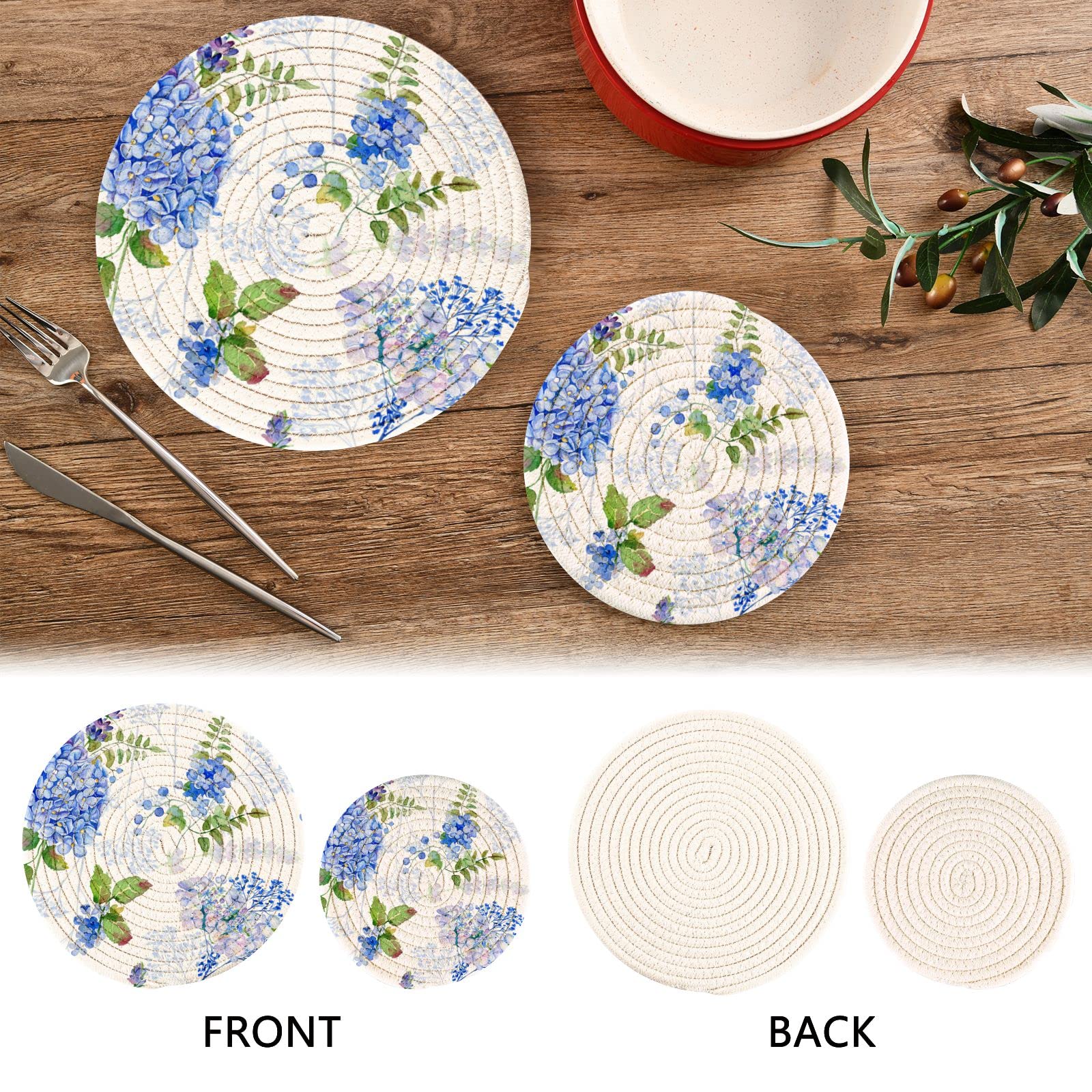 susiyo Blue Hydrangea Pot Holders Trivets Set 2 Pcs Cotton Hot Potholders Hot Pads for Cooking