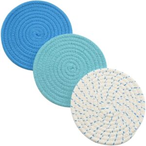 kitchen pot holders set trivets set 100% pure cotton thread weave hot pot holders set (set of 3) stylish coasters, hot pads, hot mats, spoon rest for cooking and baking by diameter 7 inches (blue)