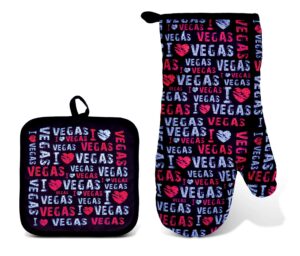 puzzled pot holder & oven mitt set i love vegas kitchen accessory potholder heat resistant non-slip grip cooking glove machine washable baking grilling bbq decorative novelty polyester mitten pink