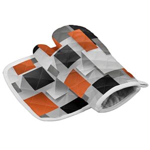 oven mitts, geometric figures anti-skid cooking gloves for bbq, microwave, baking, cooking, thermal insulation hot pads potholders for handling hot cookware orange grey black color block