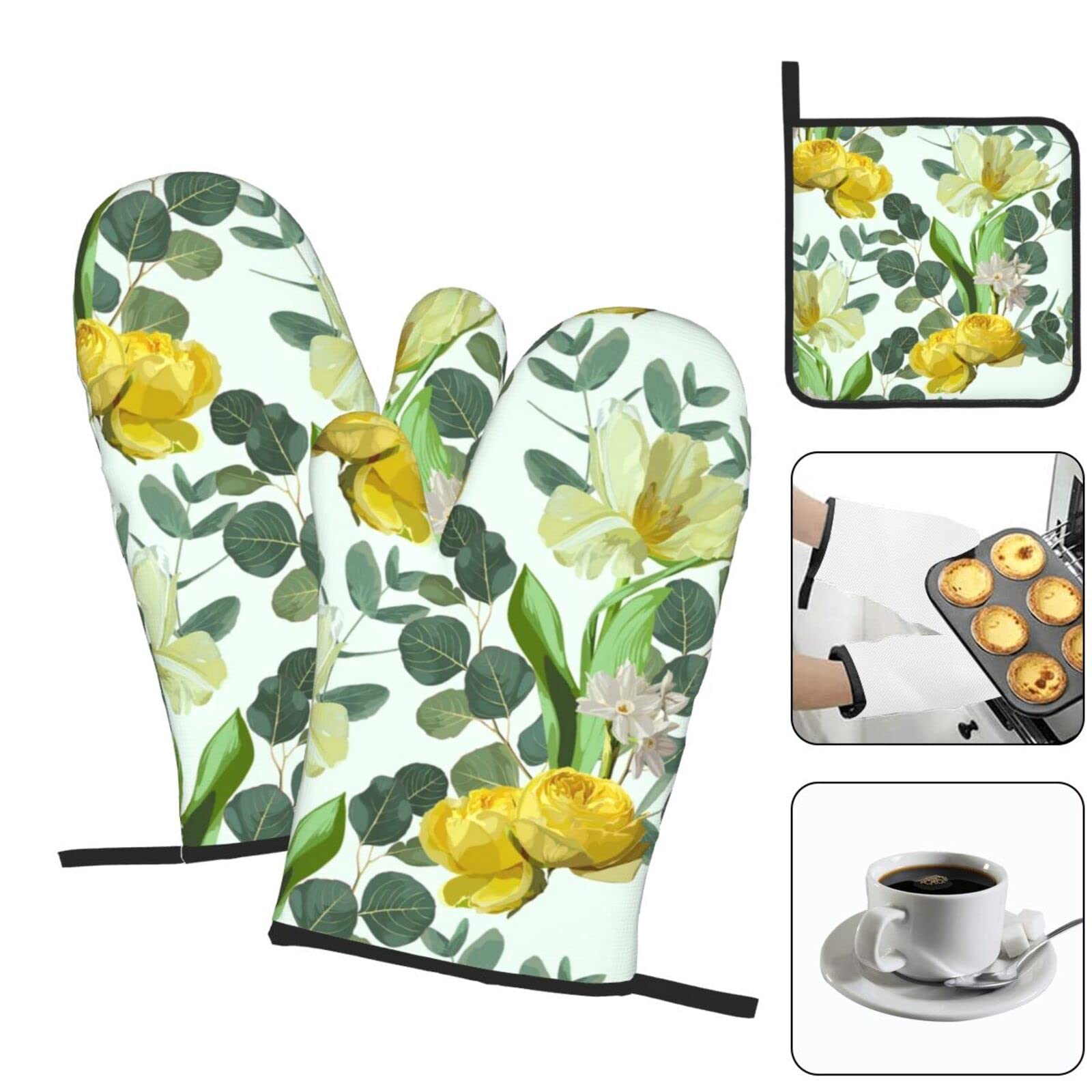 Spring Flowers Roses Oven Mitts and Pot Holders Sets of 3,Kitchen Gift Heat Resistant Non Slip Hot Pads & Oven Mitts Set for Cooking BBQ Grilling Baking