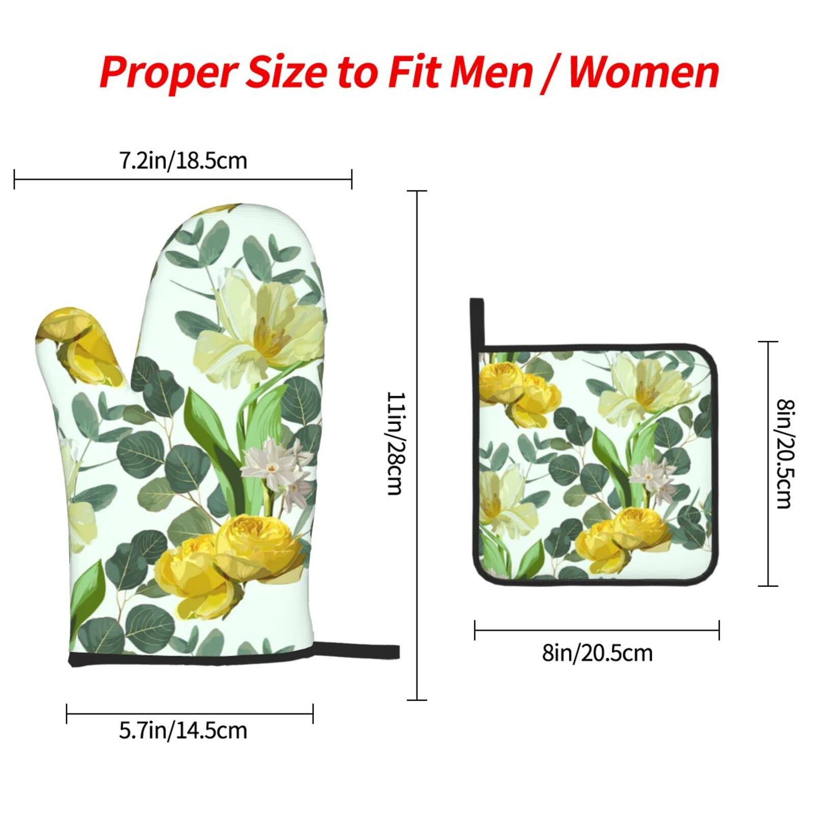 Spring Flowers Roses Oven Mitts and Pot Holders Sets of 3,Kitchen Gift Heat Resistant Non Slip Hot Pads & Oven Mitts Set for Cooking BBQ Grilling Baking