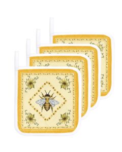 retro farm honeybee sunflower potholders for kitchen set of 4, heat proof pot holder vintage yellow washable oven hot pads potholder for cooking baking