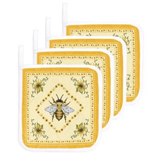 Retro Farm Honeybee Sunflower Potholders for Kitchen Set of 4, Heat Proof Pot Holder Vintage Yellow Washable Oven Hot Pads Potholder for Cooking Baking