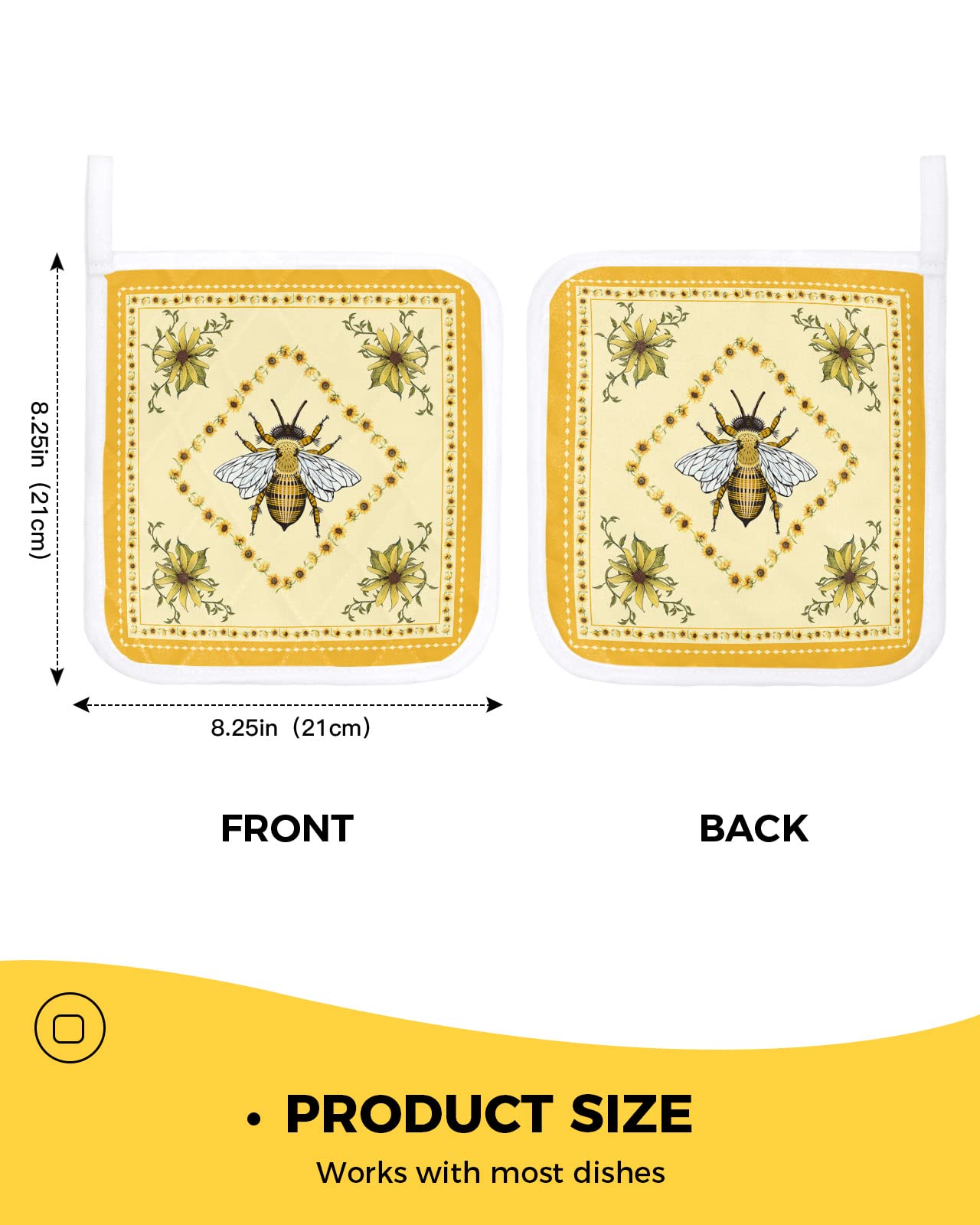 Retro Farm Honeybee Sunflower Potholders for Kitchen Set of 4, Heat Proof Pot Holder Vintage Yellow Washable Oven Hot Pads Potholder for Cooking Baking