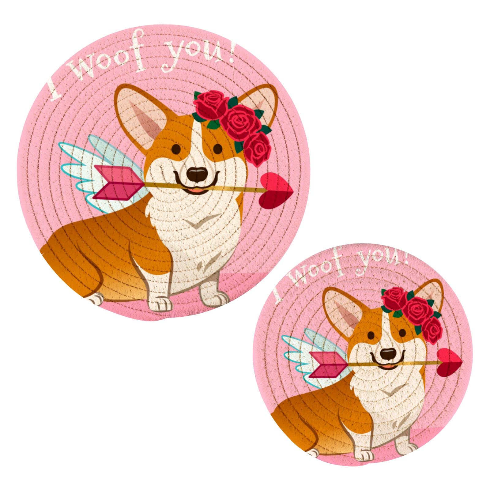 Valentine's Day Corgi Dog Pot Holders for Kitchen Cotton Round Holder Set of 2 Heat Resistant Thread Weave Trivet Cotton Hot Pads for Kitchen Home Decor