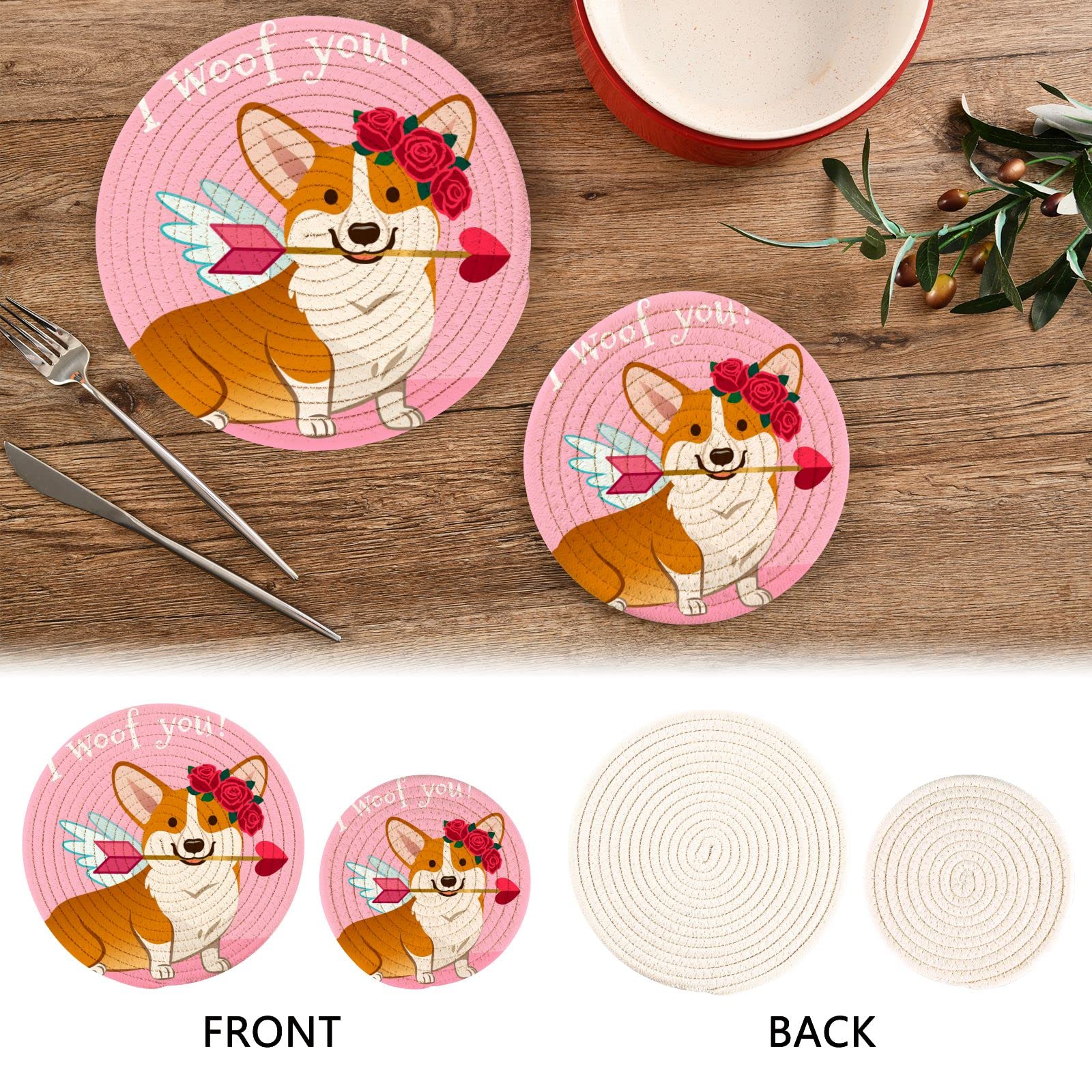 Valentine's Day Corgi Dog Pot Holders for Kitchen Cotton Round Holder Set of 2 Heat Resistant Thread Weave Trivet Cotton Hot Pads for Kitchen Home Decor