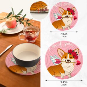 Valentine's Day Corgi Dog Pot Holders for Kitchen Cotton Round Holder Set of 2 Heat Resistant Thread Weave Trivet Cotton Hot Pads for Kitchen Home Decor