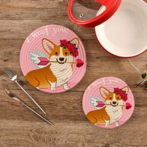 Valentine's Day Corgi Dog Pot Holders for Kitchen Cotton Round Holder Set of 2 Heat Resistant Thread Weave Trivet Cotton Hot Pads for Kitchen Home Decor