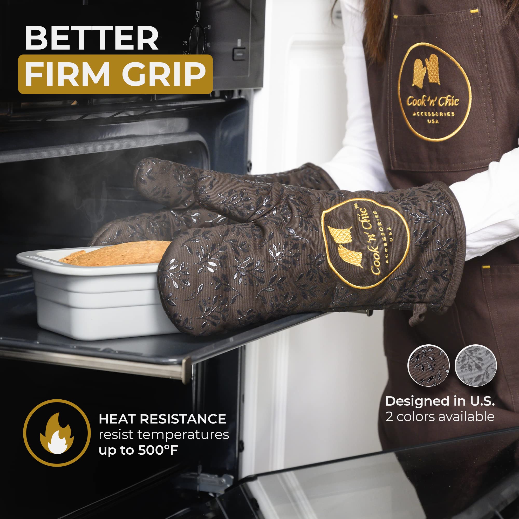 Premium Oven Mitts and Pot Holders - 500°F Heat Resistant - Non Slip Textured Grip - Flexible Soft Terry Cloth Cotton Lining