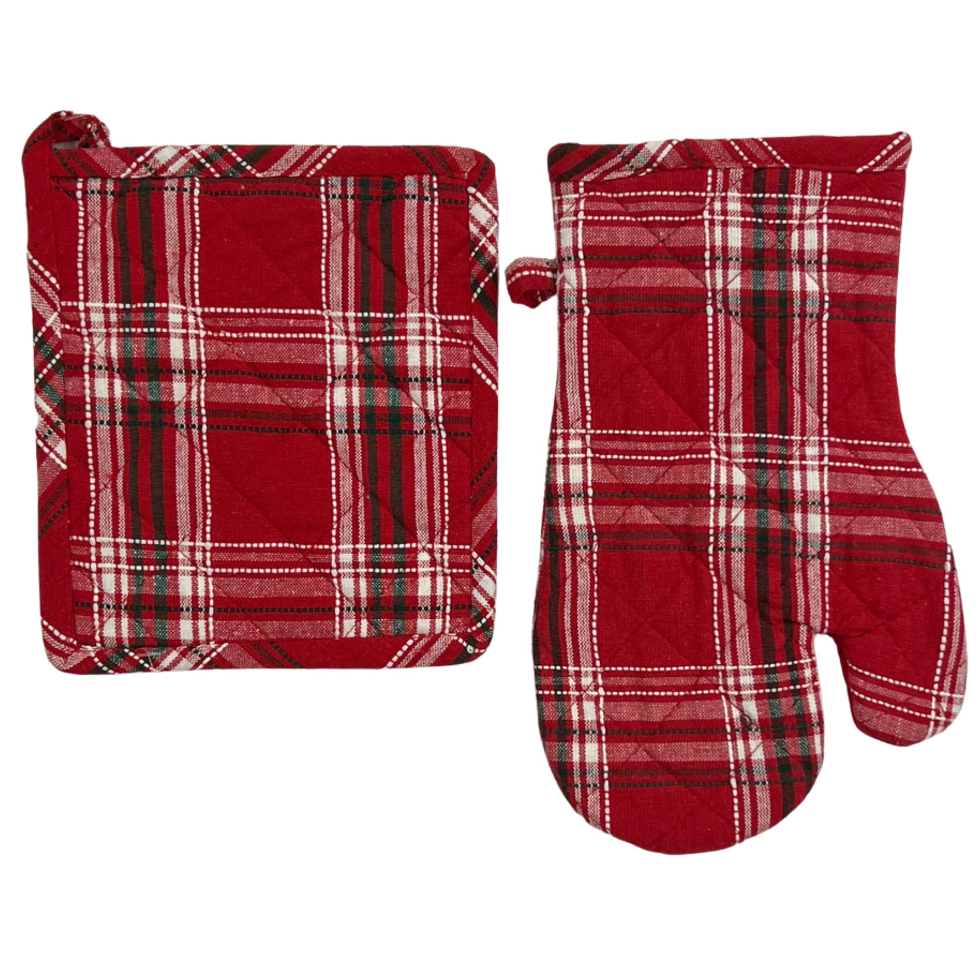 Serafina Home Kitchen Pot Holder Oven Mitt Set: Red Tartan Cotton Flat Weave with Easy Hang Fabric Loops (Red Tartan Pot Holders)