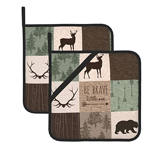 Farmhouse Rustic Bear Deer Elk Moose Green Pot Holders for Kitchen,Heat Resistant Pot Holders Sets Oven Hot Pads Terry Cloth Pot Holders for Cooking Baking 2Pcs