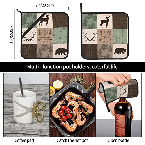 Farmhouse Rustic Bear Deer Elk Moose Green Pot Holders for Kitchen,Heat Resistant Pot Holders Sets Oven Hot Pads Terry Cloth Pot Holders for Cooking Baking 2Pcs