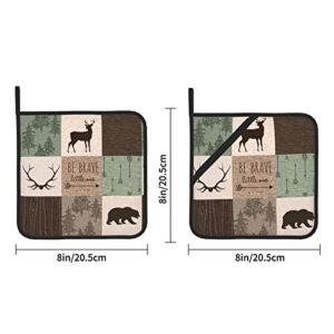 Farmhouse Rustic Bear Deer Elk Moose Green Pot Holders for Kitchen,Heat Resistant Pot Holders Sets Oven Hot Pads Terry Cloth Pot Holders for Cooking Baking 2Pcs