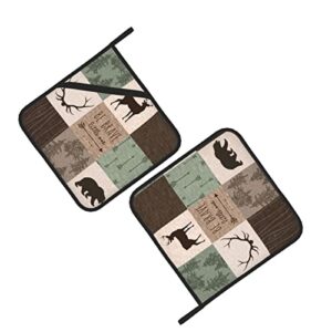 Farmhouse Rustic Bear Deer Elk Moose Green Pot Holders for Kitchen,Heat Resistant Pot Holders Sets Oven Hot Pads Terry Cloth Pot Holders for Cooking Baking 2Pcs