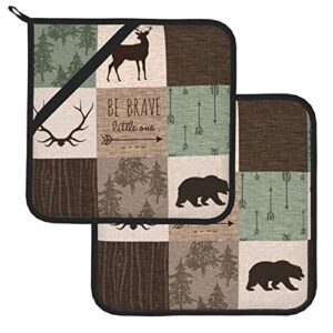 Farmhouse Rustic Bear Deer Elk Moose Green Pot Holders for Kitchen,Heat Resistant Pot Holders Sets Oven Hot Pads Terry Cloth Pot Holders for Cooking Baking 2Pcs