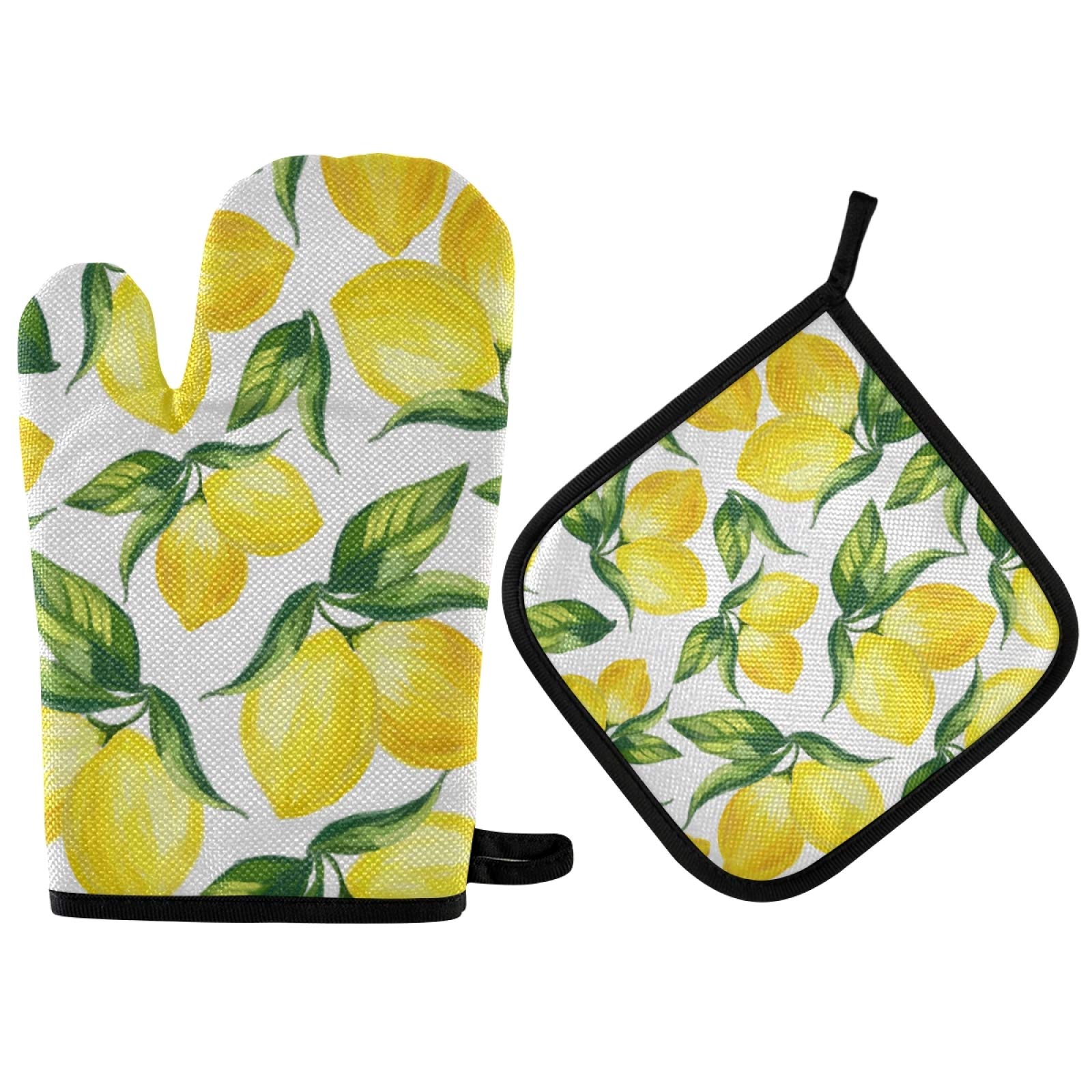 susiyo Summer Lemon with Green Leaves Kitchen Oven Mitts Pot Holders Sets Heat Resistant Machine Washable BBQ Gloves for Cooking Baking Grilling