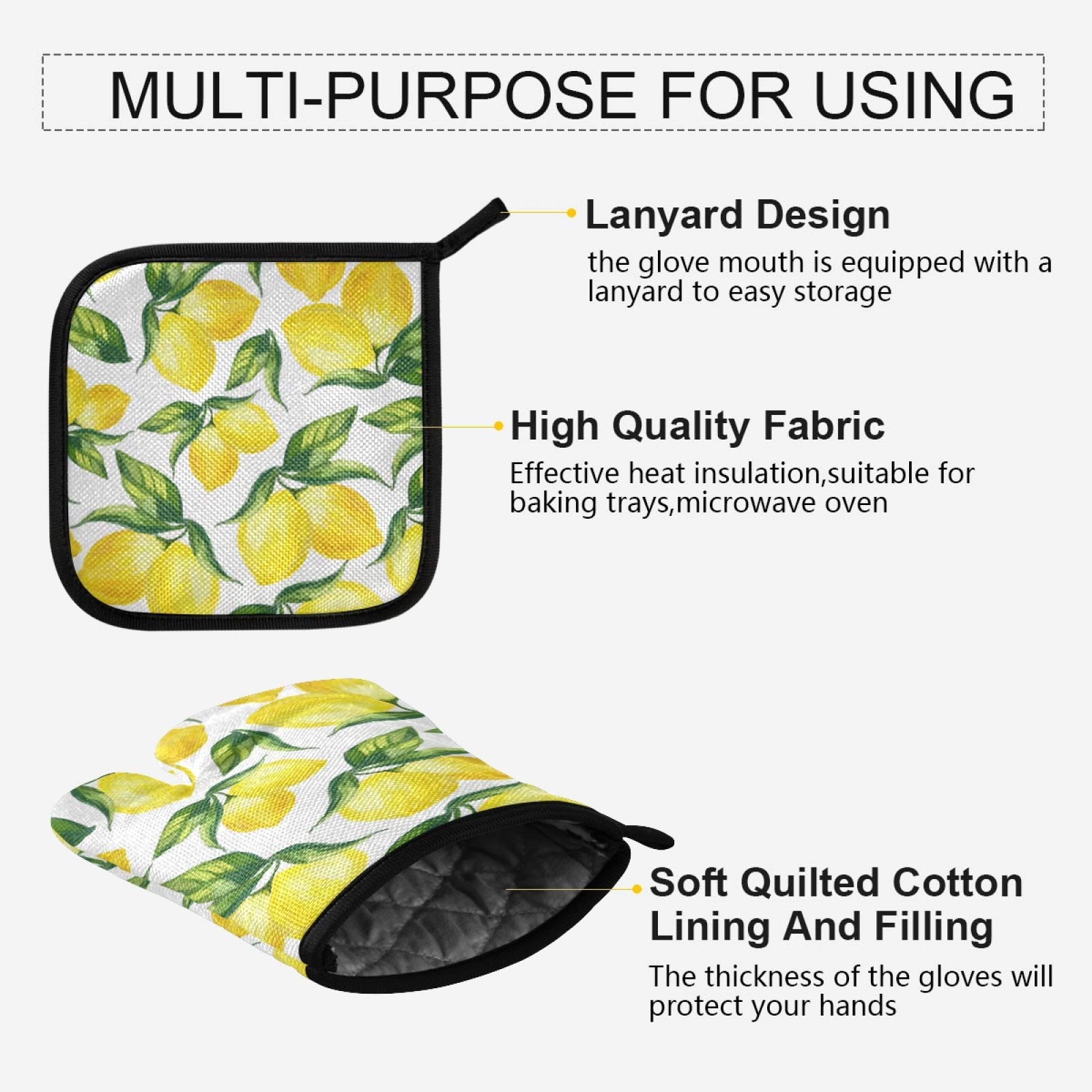 susiyo Summer Lemon with Green Leaves Kitchen Oven Mitts Pot Holders Sets Heat Resistant Machine Washable BBQ Gloves for Cooking Baking Grilling