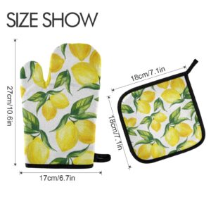 susiyo Summer Lemon with Green Leaves Kitchen Oven Mitts Pot Holders Sets Heat Resistant Machine Washable BBQ Gloves for Cooking Baking Grilling