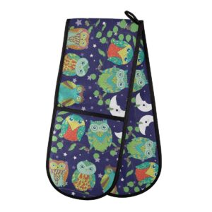 domiking quilted double oven mitt - funny cartoon owls brunches connected oven mitts cooking gloves great for baking cooking bbq grilling