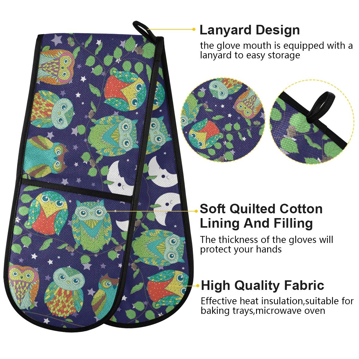 DOMIKING Quilted Double Oven Mitt - Funny Cartoon Owls Brunches Connected Oven Mitts Cooking Gloves Great for Baking Cooking BBQ Grilling