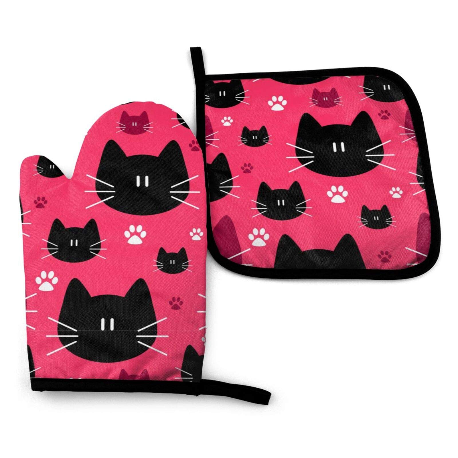 Cute Cat Faces Oven Mitts and Pot Holders Sets Heat Resistant Oven Gloves with Non-Slip Surface for Reusable for Baking BBQ Cooking