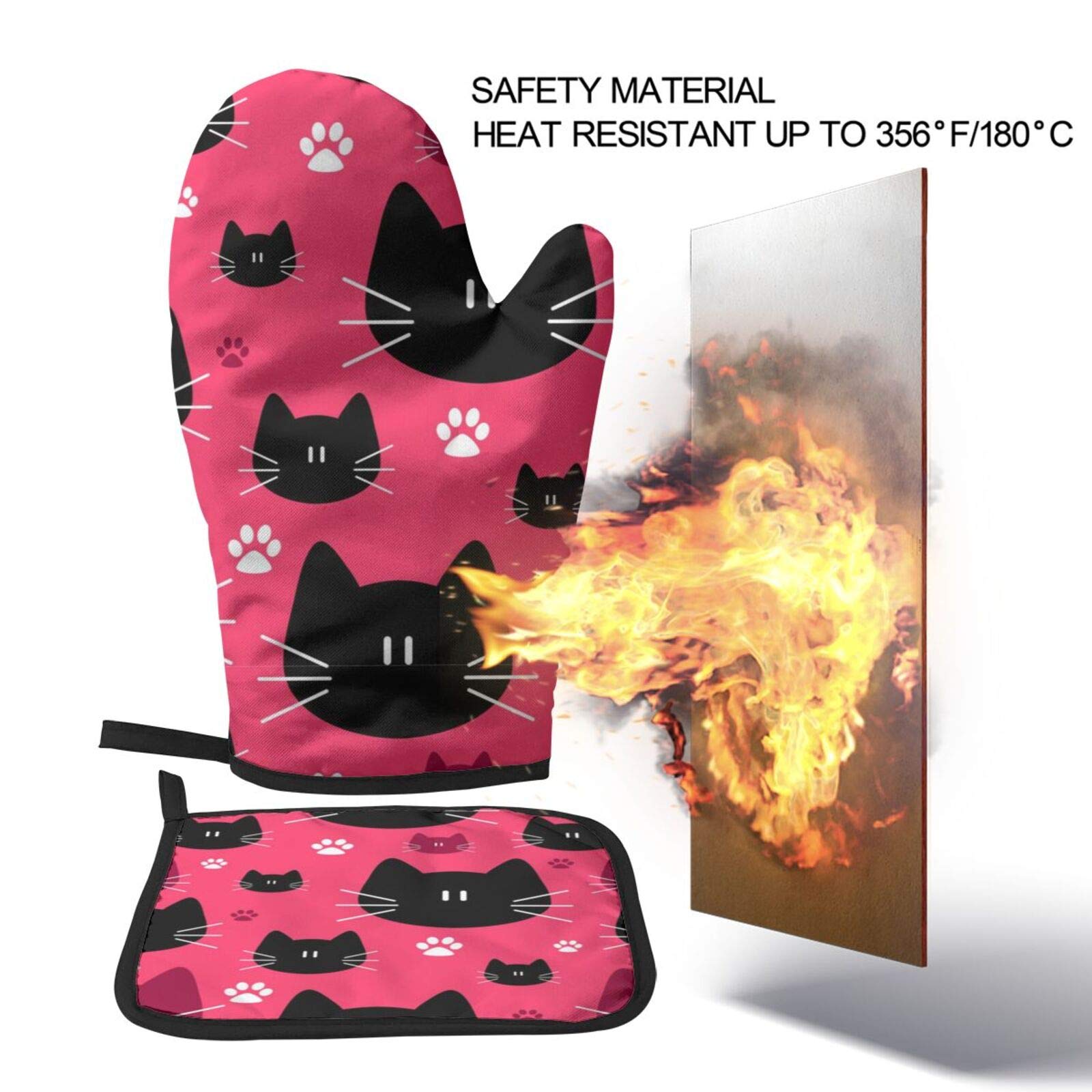 Cute Cat Faces Oven Mitts and Pot Holders Sets Heat Resistant Oven Gloves with Non-Slip Surface for Reusable for Baking BBQ Cooking