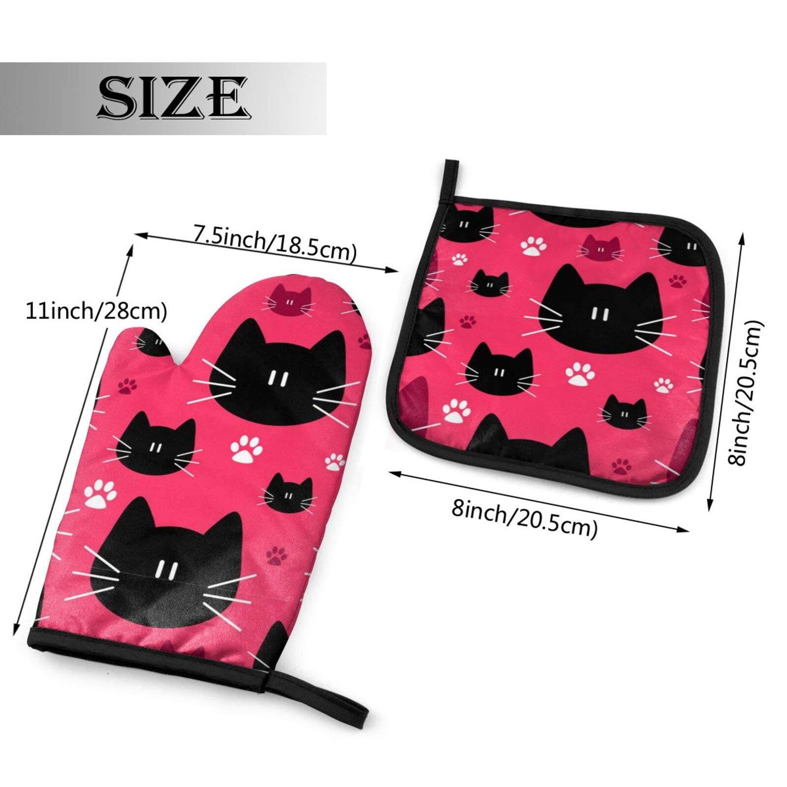 Cute Cat Faces Oven Mitts and Pot Holders Sets Heat Resistant Oven Gloves with Non-Slip Surface for Reusable for Baking BBQ Cooking