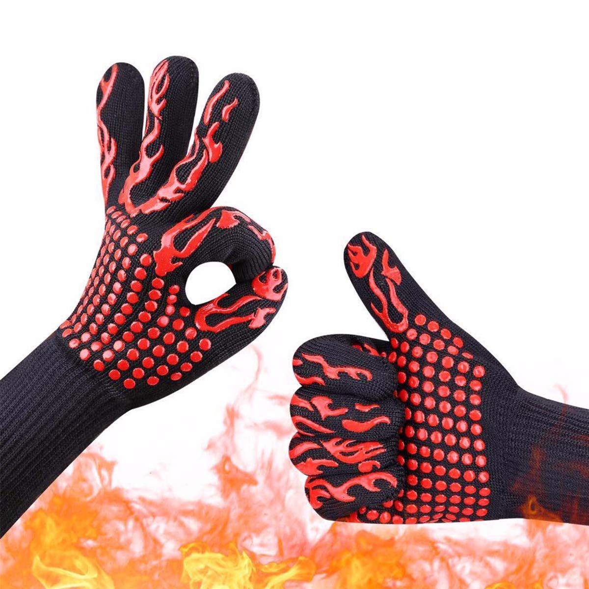 UlikeLF Protective Grilling Mitts BBQ Gloves Heat Resistant Cooking Gloves Non-Slip Silicone Kitchen Grill Glove for Barbecue, Baking, Cutting Red