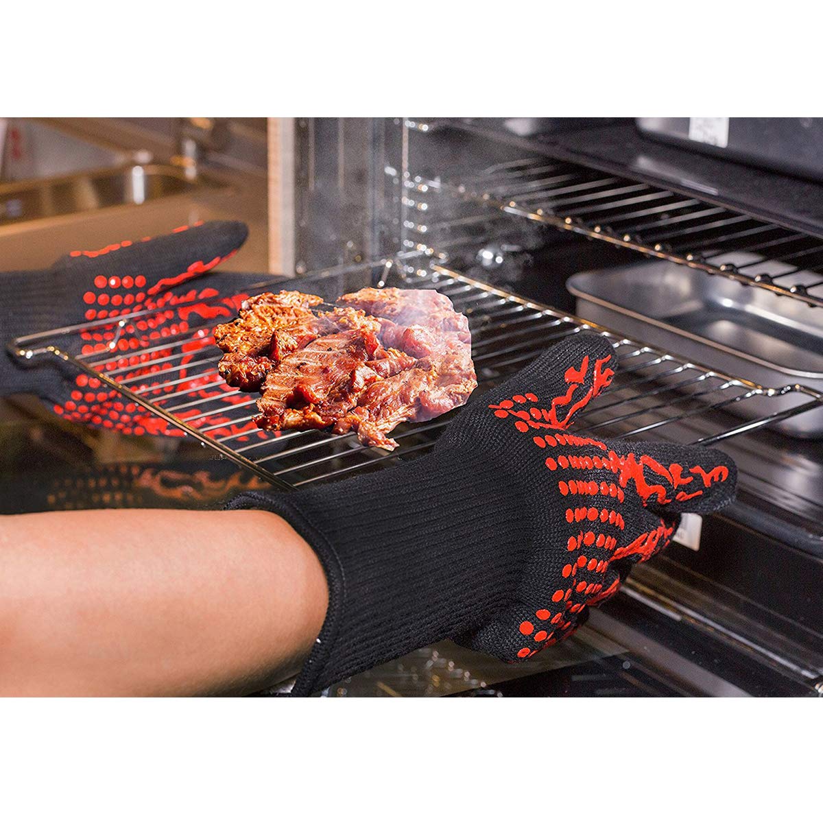 UlikeLF Protective Grilling Mitts BBQ Gloves Heat Resistant Cooking Gloves Non-Slip Silicone Kitchen Grill Glove for Barbecue, Baking, Cutting Red