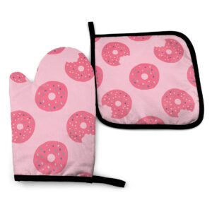 pink doughnuts oven mitts and pot holders sets heat resistant oven gloves with non-slip surface for reusable for baking bbq cooking