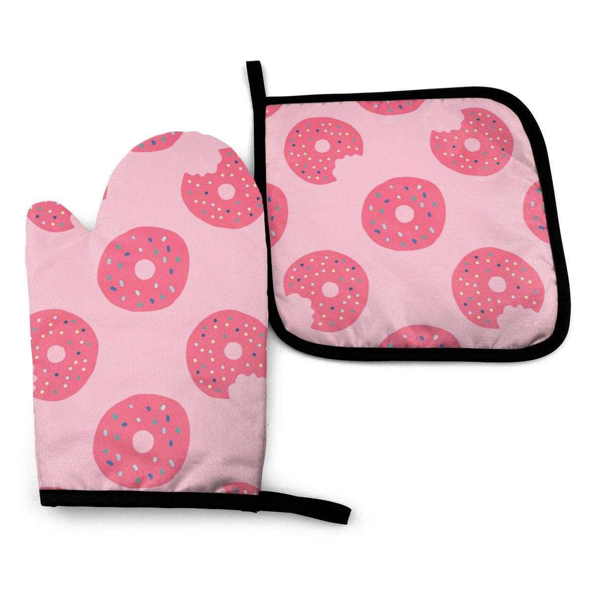 Pink Doughnuts Oven Mitts and Pot Holders Sets Heat Resistant Oven Gloves with Non-Slip Surface for Reusable for Baking BBQ Cooking