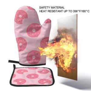 Pink Doughnuts Oven Mitts and Pot Holders Sets Heat Resistant Oven Gloves with Non-Slip Surface for Reusable for Baking BBQ Cooking